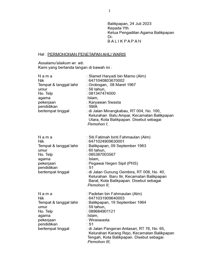 Contoh Penetapan Ahli Waris | PDF