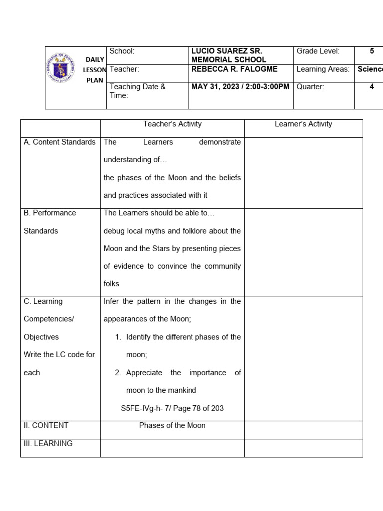 Detailed Lesson Plan in Science 5 | PDF | Moon