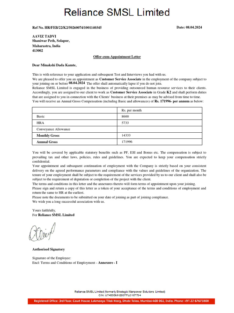 673424204 Offer Letter Reliance (1) | PDF | Identity Document | Employment