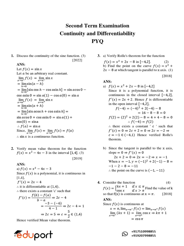 Continuity and Differentiability Exam Guide | PDF | Mathematical ...