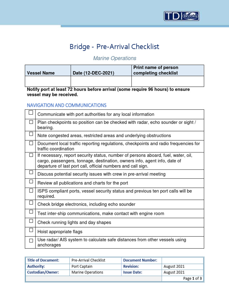 Bridge-Pre-Arrival-Checklist-Aug2021-1 | PDF | Shipping | Water Transport