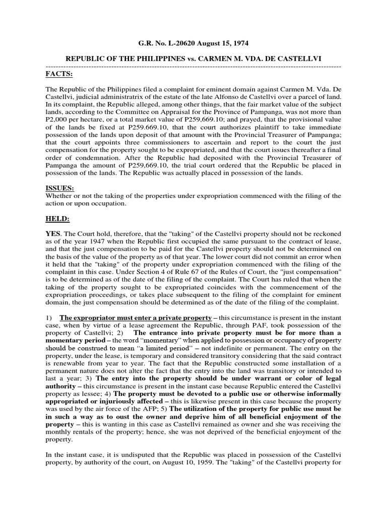 REPUBLIC v. VDA DE CASTELVII 58 SCRA 336 (1974) | PDF | Eminent Domain ...
