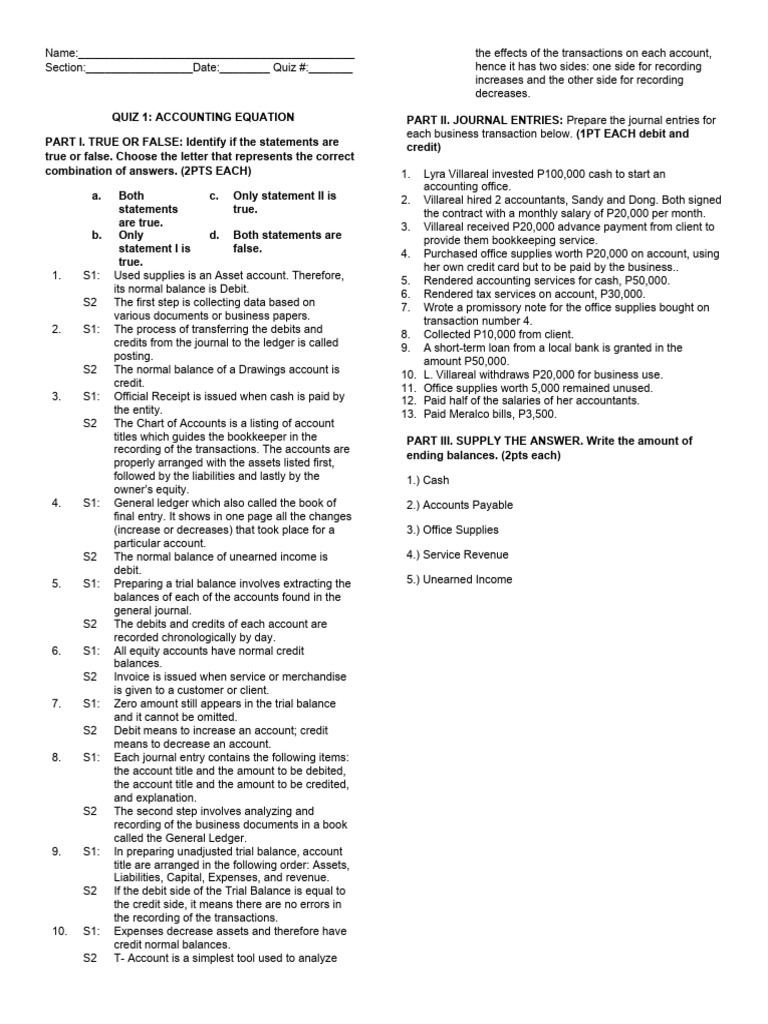 Basic Accounting Practice Quiz | PDF | Debits And Credits | Bookkeeping