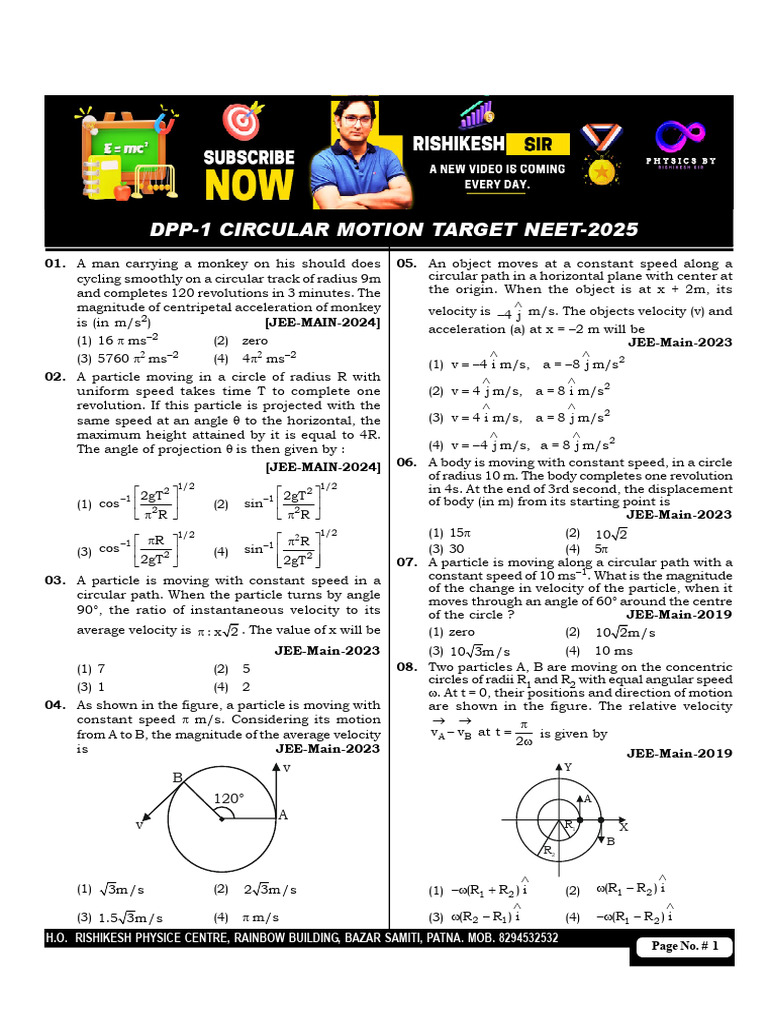 DPP-1 CIRCULAR MOTION NEET TARGET - YOUTUBE - PMD | PDF | Acceleration | Velocity