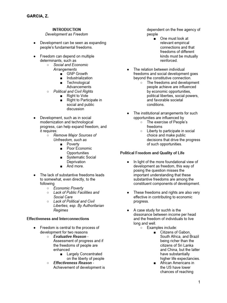 Development As Freedom Notes (Intro & Chap 1) | PDF | Poverty | Poverty ...