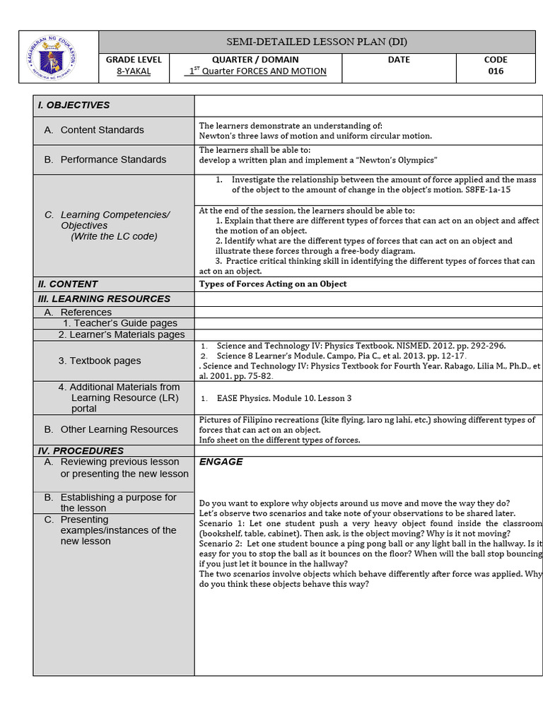 16lesson Plan For Primals Di Pdf Force Learning