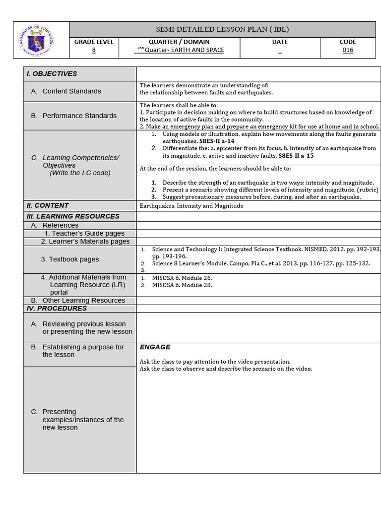16lesson Plan For PRIMALS IBL | PDF | Earthquakes | Learning