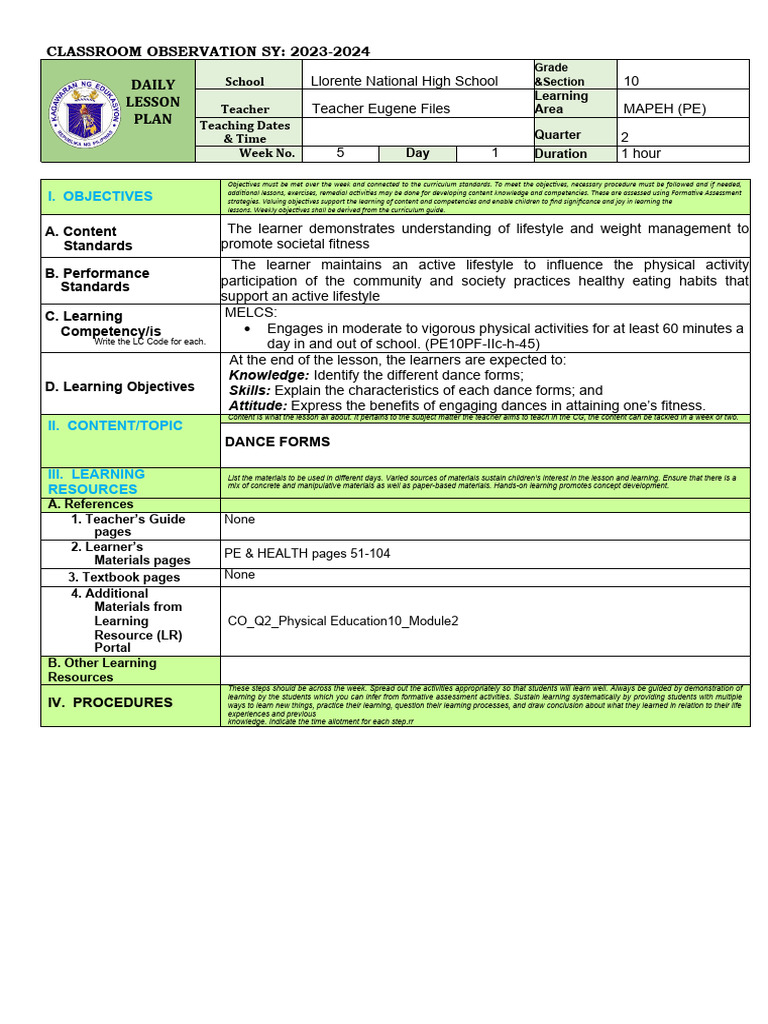 q2 Cot LP - Pe10 (Dance Forms) | PDF | Learning | Teachers