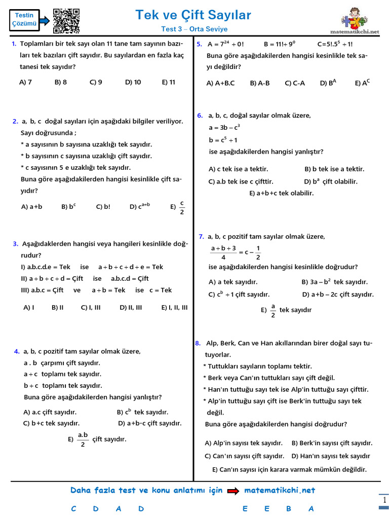 Tek Çift Sayılar Test 3 O | PDF
