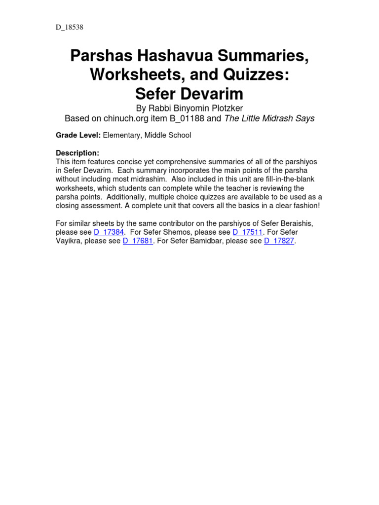 Devarim Parshas Hashavua Summaries Worksheets Quizzes Devarim | PDF