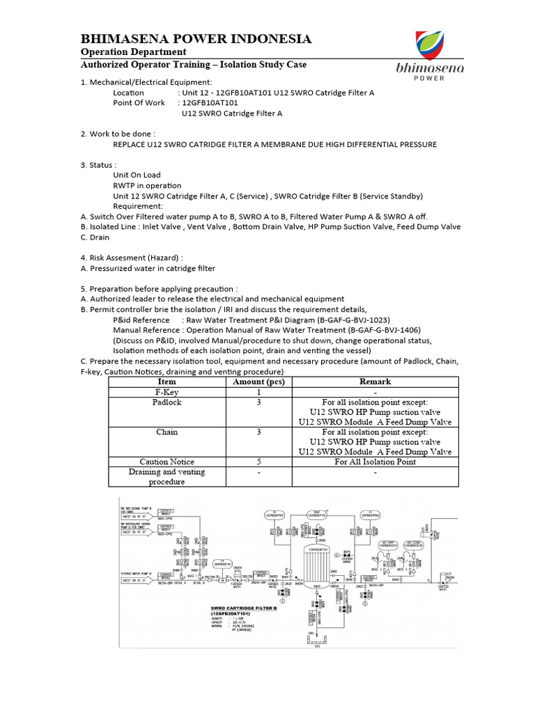 SWRO Cartridge Filter A Isolation Guide | PDF | Valve | Pump