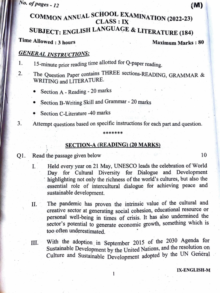 Class 9 English Final Exam Doe 2022-2023 | PDF