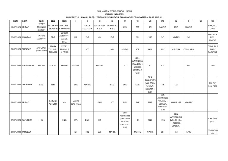 P.a-1 & C.T-1 Exam Time Table 24-25 | PDF