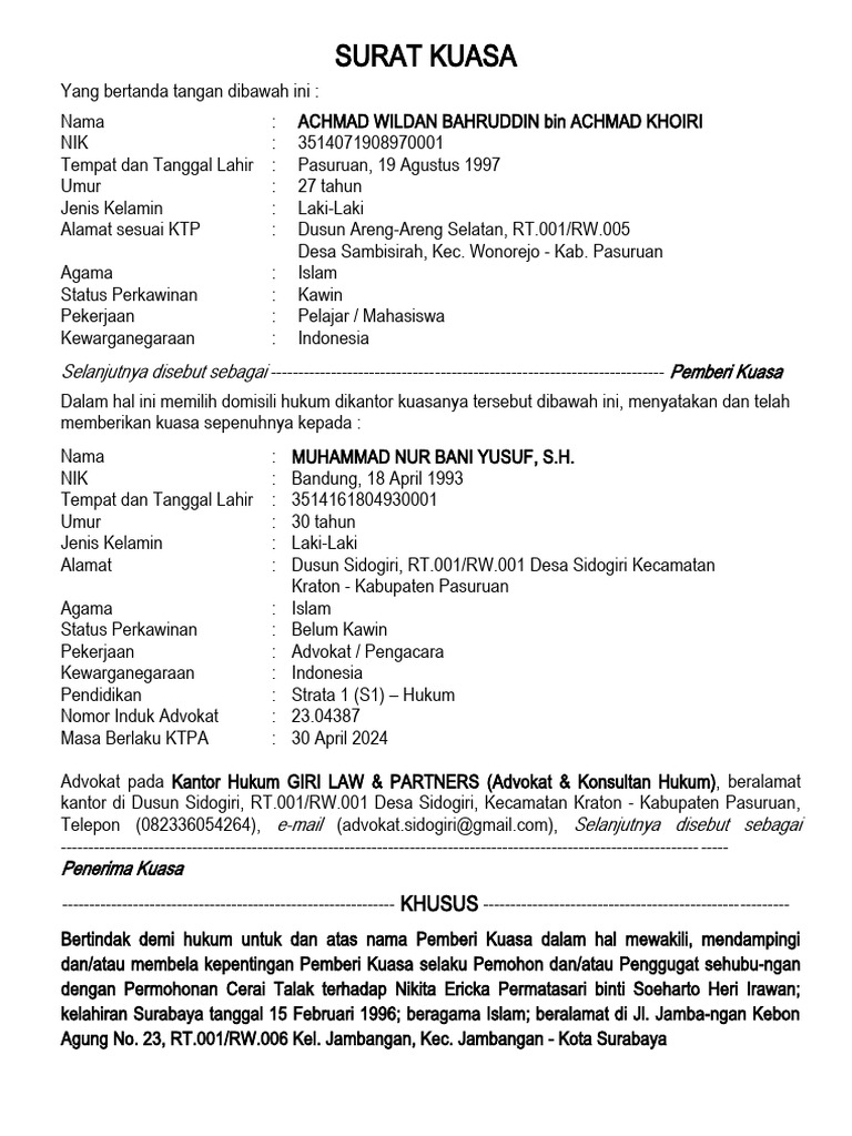 Surat Kuasa Khusus Wildan Giri Law (Perceraian) | PDF
