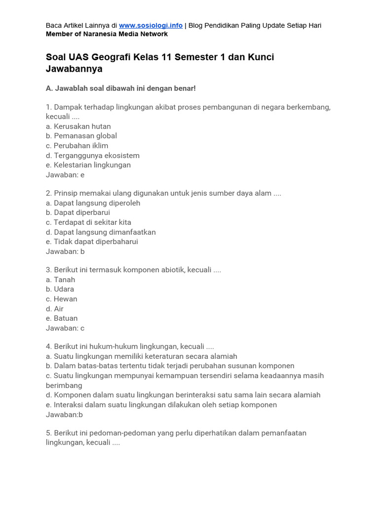 Sosiologi - Info - Soal UAS Geografi Kelas 11 Semester 1 Dan Kunci Jawabannya | PDF