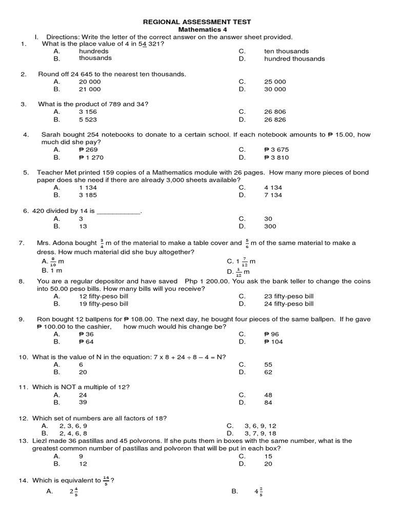 Regional Achievement Test in Math 4 | PDF | Triangle | Geometry