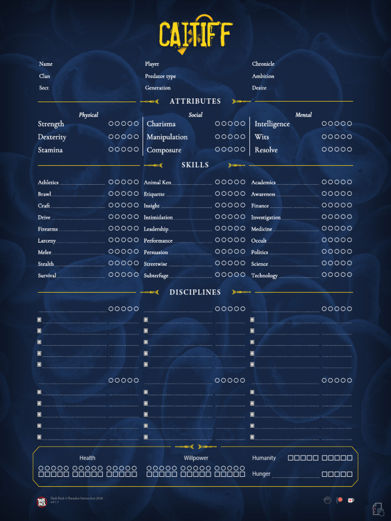 VtM5e ENG CharacterSheet 2pMOOD Caitiff BONUS | PDF