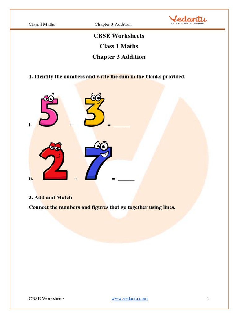 CBSE Class 1 Maths Worksheets With Answers for Chapter 3 Addition | PDF ...