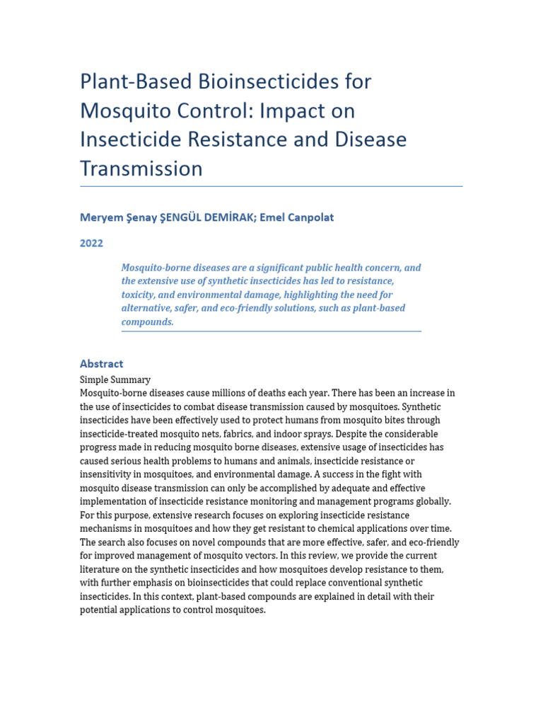Plant Based Bioinsecticides For Mosquito Control Impact On Insecticide ...