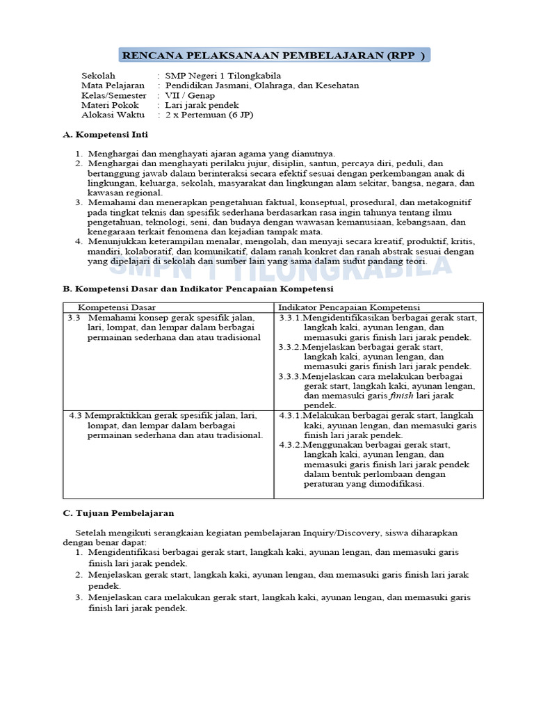 RPP PJOK Kelas VII: Lari Pendek | PDF