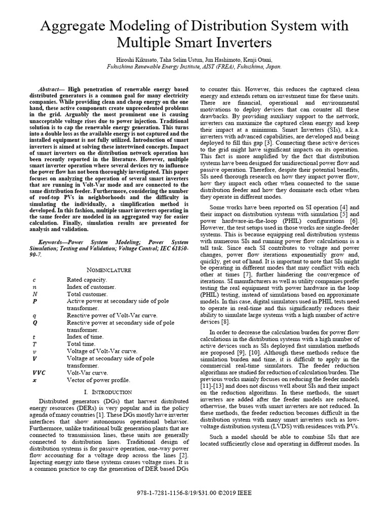 2019 Aggregate Modeling of Distribution System With Multiple Smart Inverters | PDF | Power ...