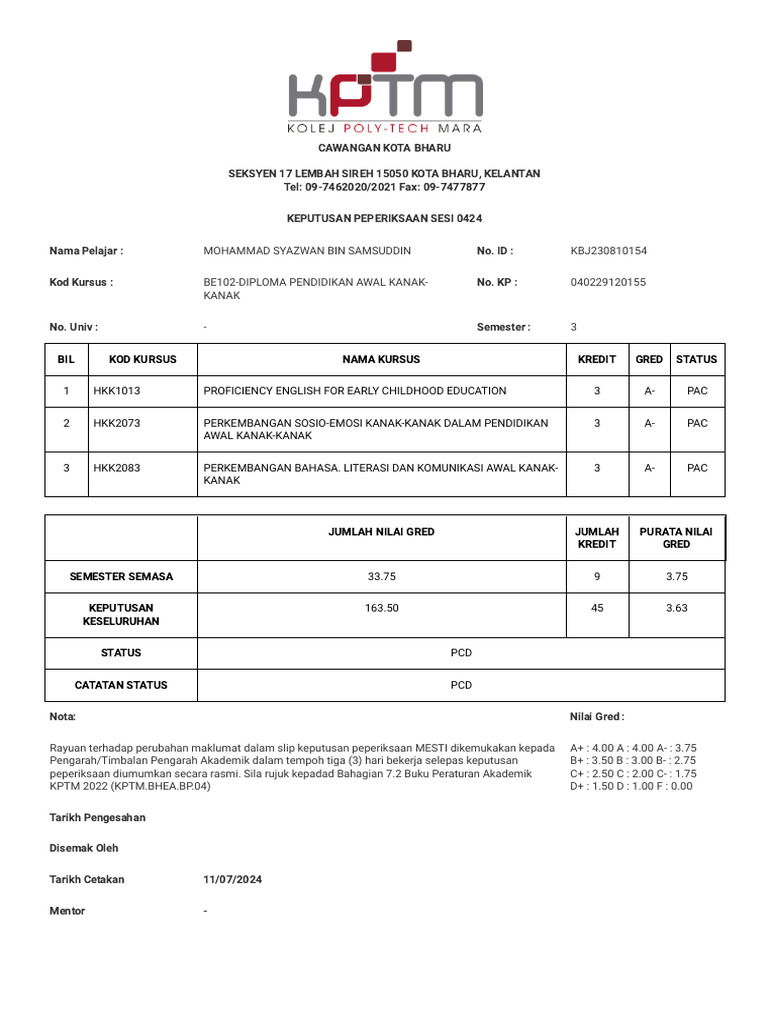 Myspmp - Kptm.edu - My 8003 Resultslip-Pdf 0424 | PDF
