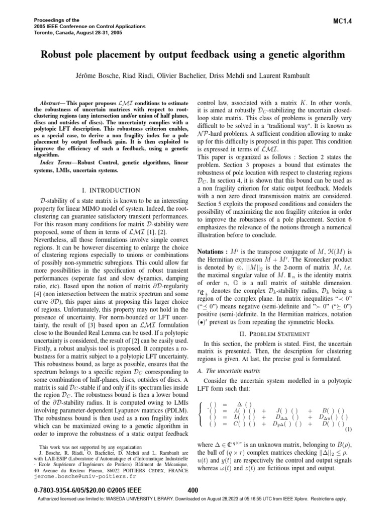 Robust Pole Placement via Genetic Algorithm | PDF | Matrix (Mathematics) | Matrix Theory