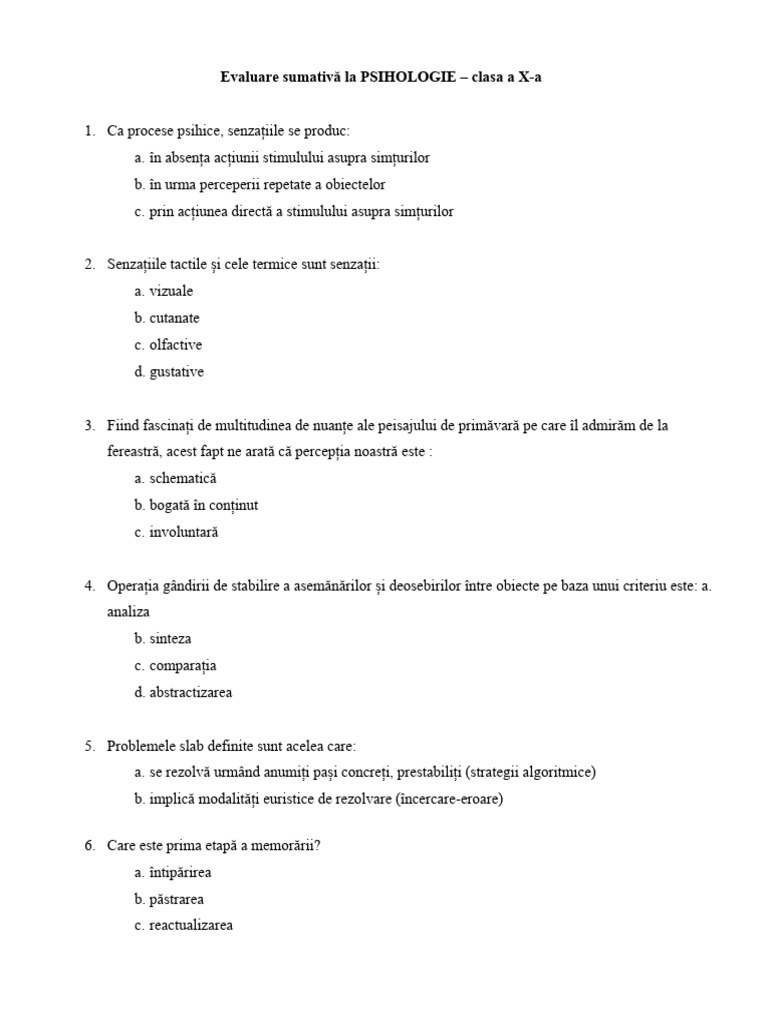 Test de Evaluare Psihologie Clasa A X A - Procesele Psihice | PDF