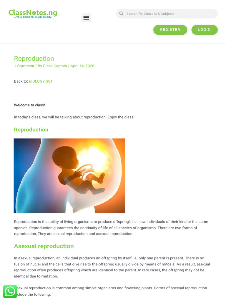 Reproduction Classnotes Ng 1723390482842 Pdf Sexual Reproduction Reproduction