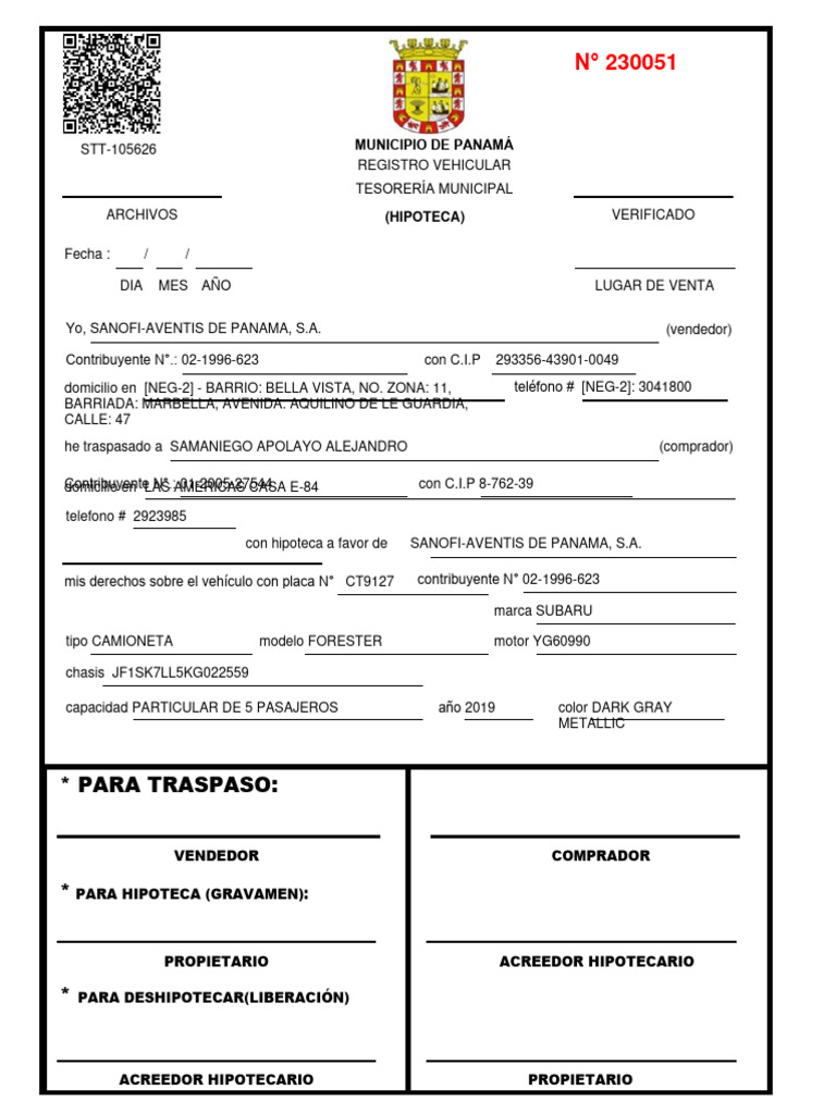 Tarjeta de Traspaso Panamá Auto | PDF