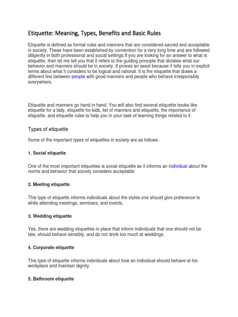 Understanding Etiquette: Types and Rules | PDF | Etiquette | Behavioural Sciences