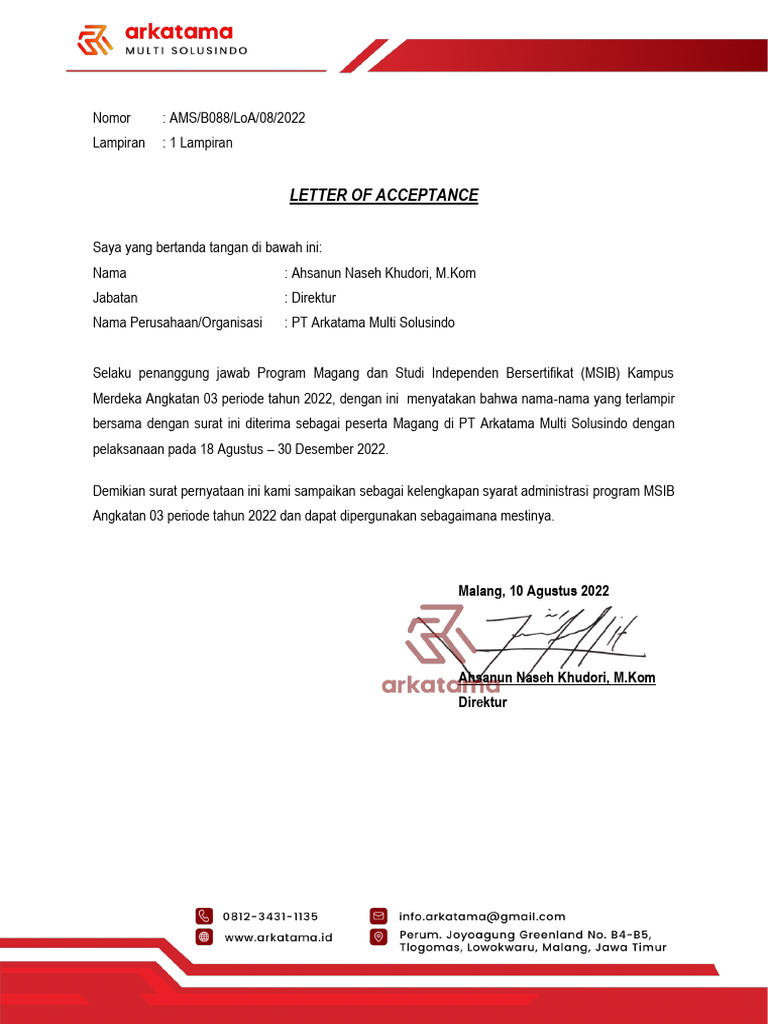 LoA Peserta Magang PT Arkatama Multi Solusindo | PDF