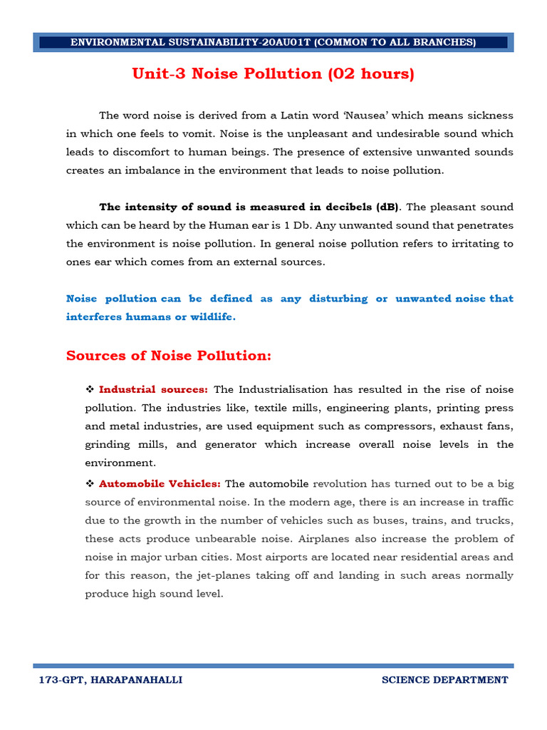 Evs Unit-3 Noise Pollution | PDF | Decibel | Noise