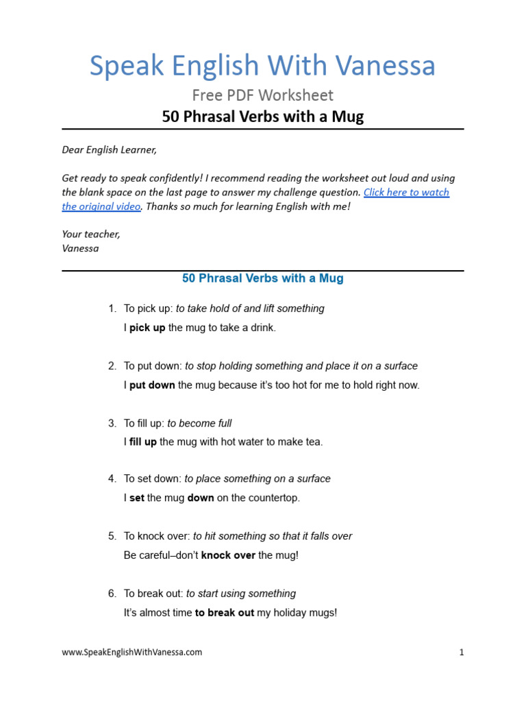 50 Phrasal Verbs With 1 Mug Speak English With Vanessa | PDF | Mug