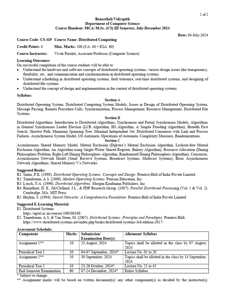 Handout MCA MSC (CS) IIISem JulyDec2024 CS419 DistributedComputing VivekPurohit | PDF ...