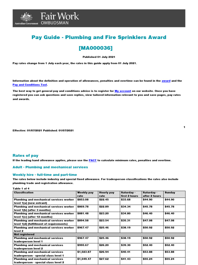 Plumbing and Fire Sprinklers Pay Guide | PDF | Shift Work | Labor