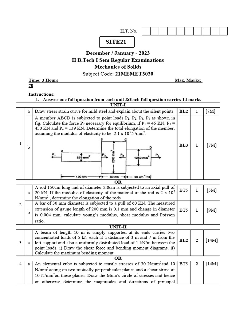Mechanics of Solids Model Paper Set-1 | PDF | Stress (Mechanics) | Young's Modulus