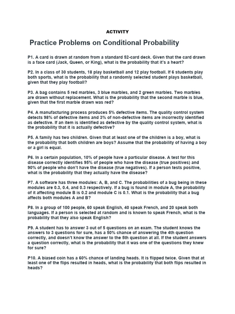 ACTIVITY (Conditional Probability) | PDF | Probability