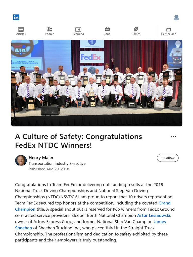 A Culture of Safety - Congratulations FedEx NTDC Winners! | PDF | Truck ...