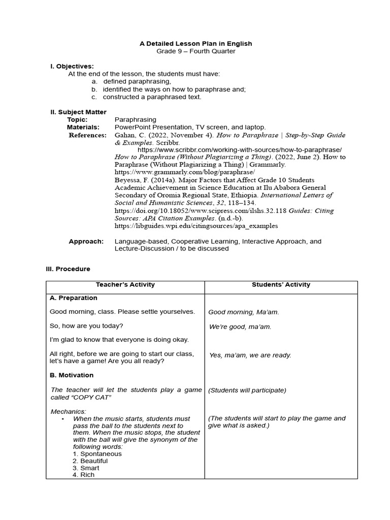 Paraphrasing Lesson Plan for Grade 9 | PDF | Plagiarism | Lesson Plan