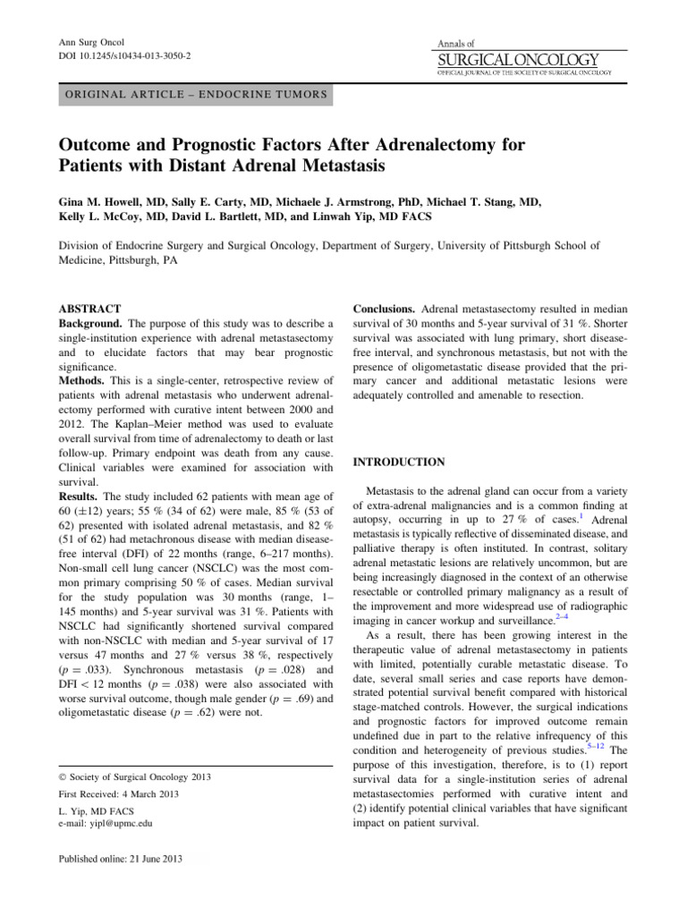 2013 - Outcome and Prognostic Factors After Adrenalectomy For Patients With Distant Adrenal ...