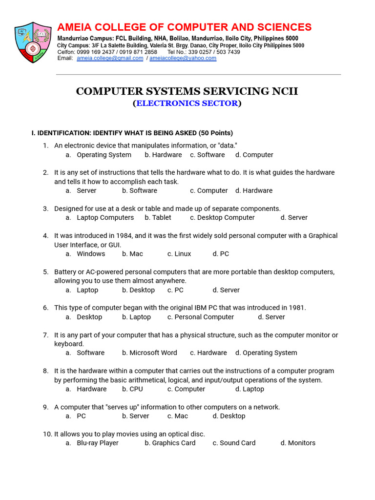 Computer Systems Servicing Ncii Long Test | PDF | Computer Network ...