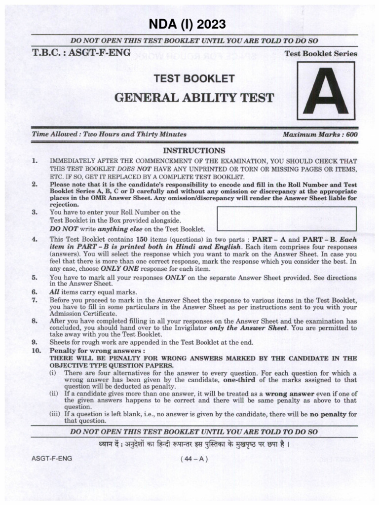 NDA (I) 2023 General Ability Test Guide | PDF