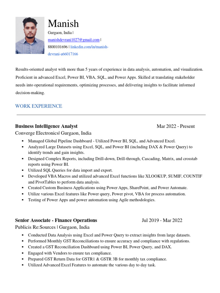 Manish Resume BI Analyst | PDF | Microsoft Excel | Business Intelligence Manish Resume BI Analyst | PDF | Microsoft Excel | Business Intelligence