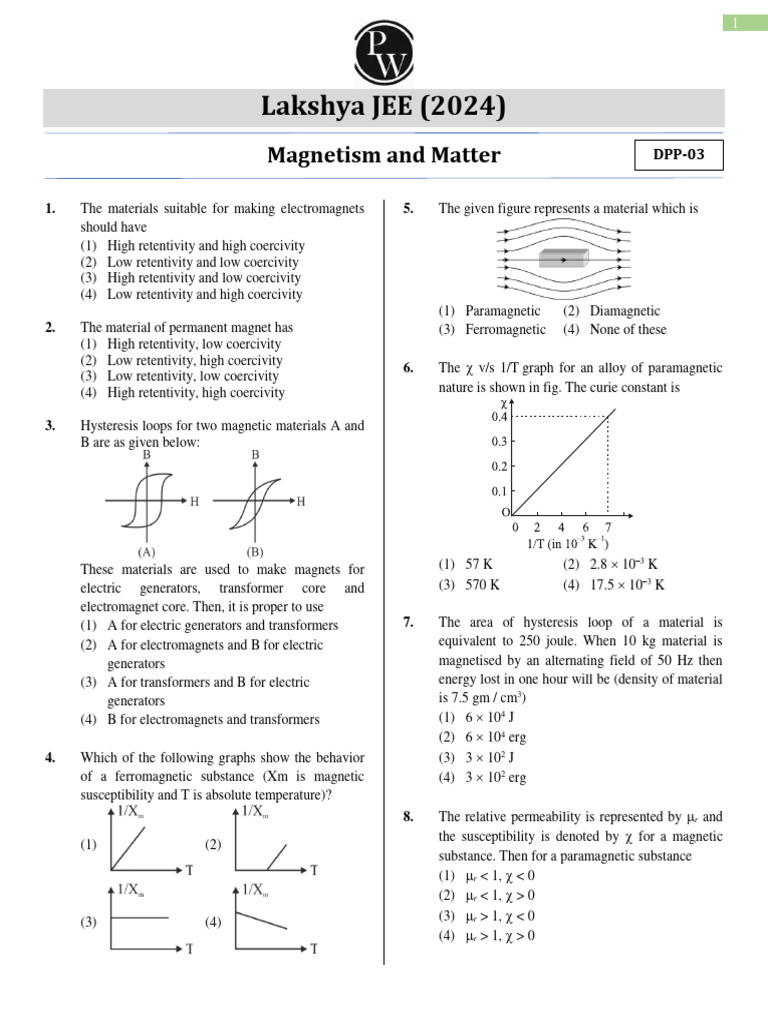 Magnetism Matter DPP 03 Lakshya JEE 202464b8f80aadcfa50018934d9c | PDF | Magnetism | Ferromagnetism