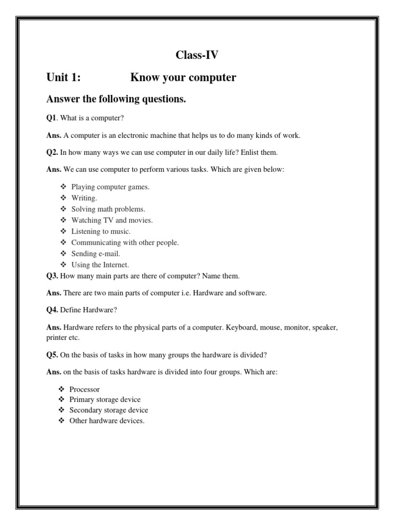 Unit 1 Of 4 Class Computer Q And A Pdf Computer Hardware Software 8705