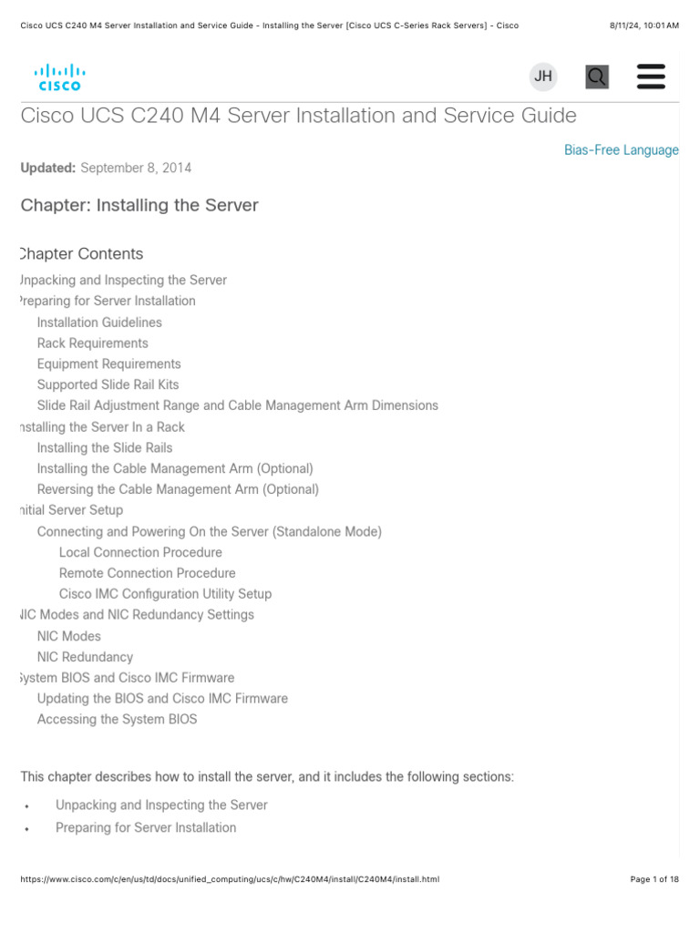 Cisco UCS C240 M4 Server Installation and Service Guide - Installing The Server (Cisco UCS C ...