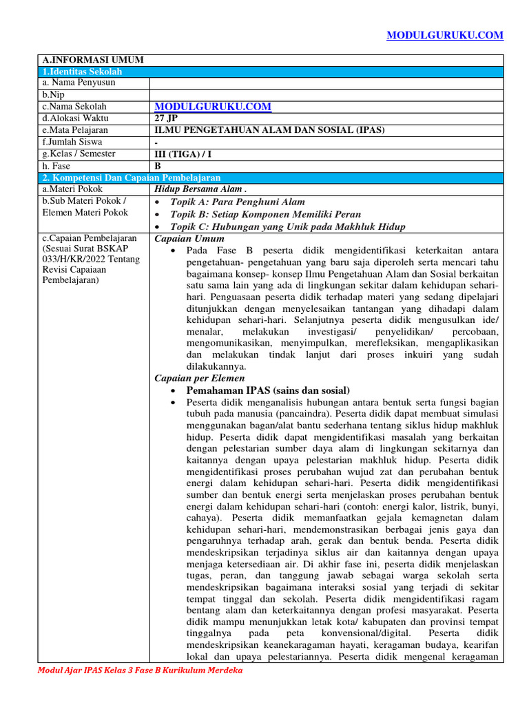 Modul Ajar Ipas Kelas 3 Fase B Kurikulum Merdeka Pdf