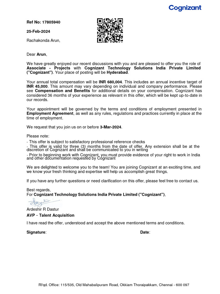 Arun Offer Letter | PDF | Indemnity | Employee Benefits