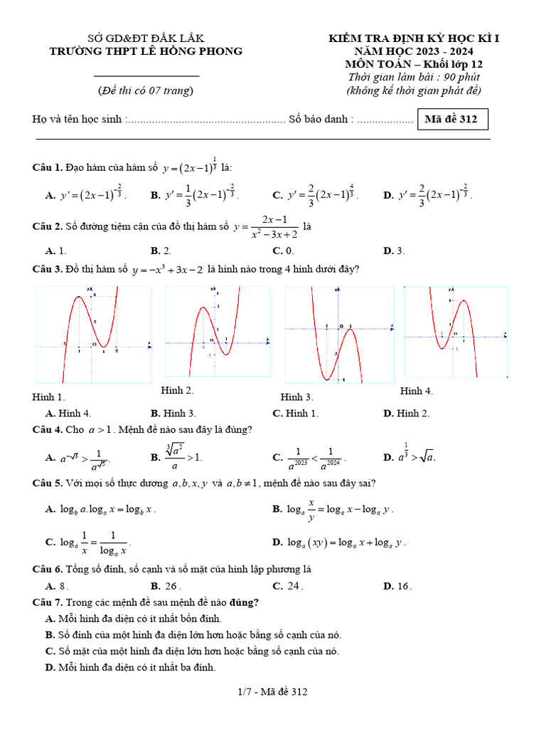De Giua Ki 1 Toan 12 Nam 2023 2024 Truong THPT Le Hong Phong Dak Lak | PDF